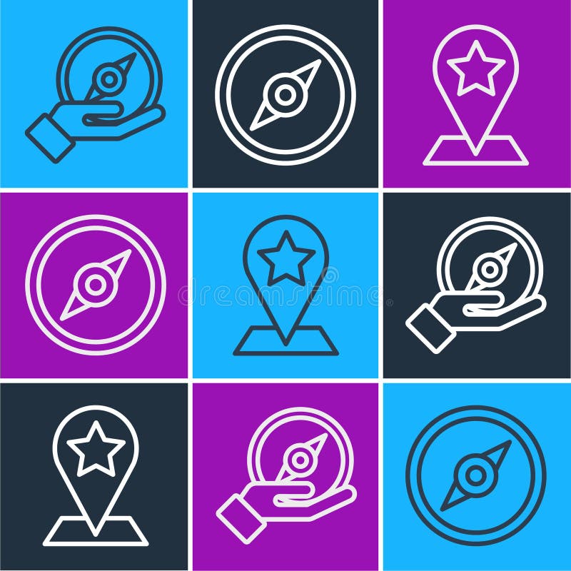 Set Line Compass, Map Pointer with Star and Compass Icon. Vector Stock ...