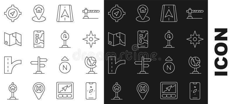 Set Line Compass on Mobile, Earth Globe, Wind Rose, City Map Navigation ...