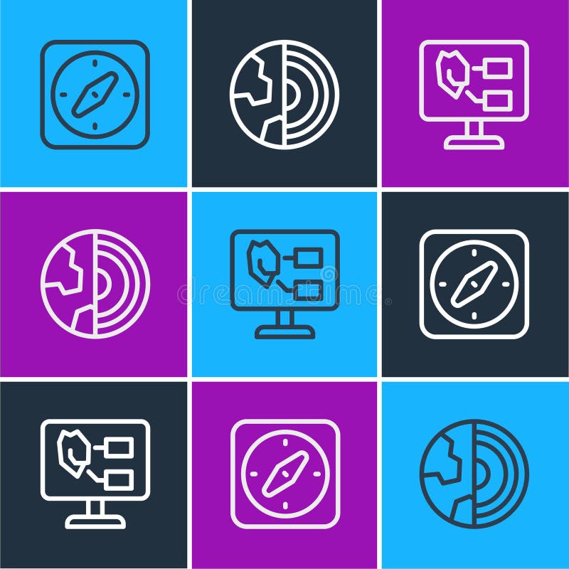 Set Line Compass, Soil Analysis and Earth Core Structure Crust Icon ...