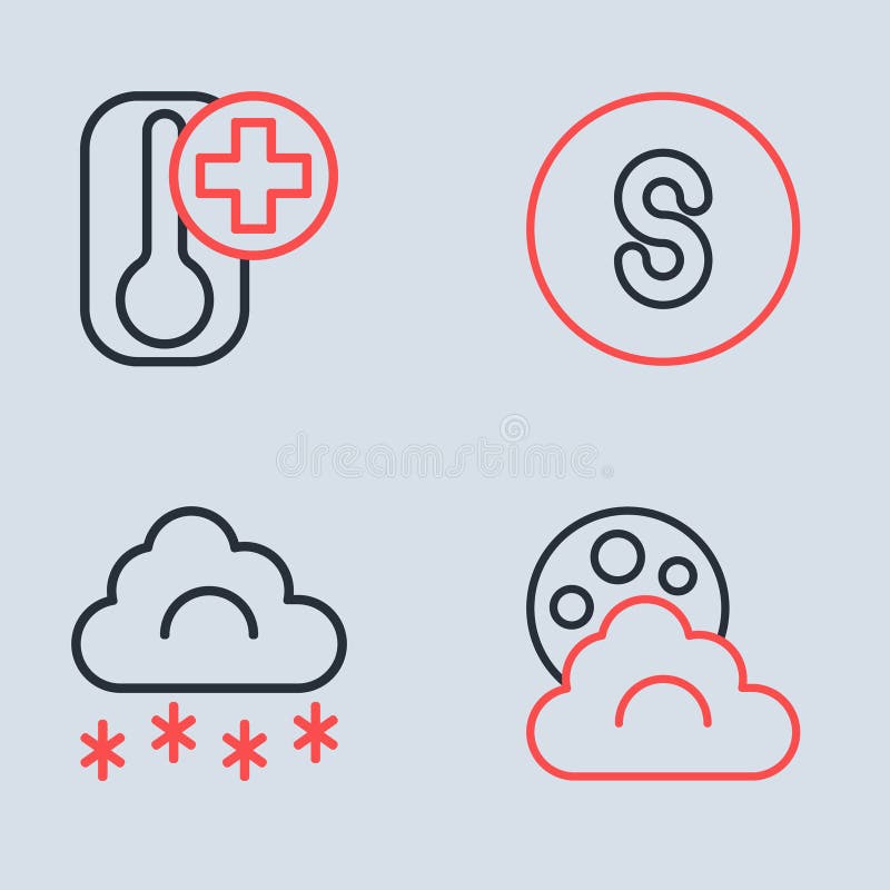Set Line Compass South, Cloud with Snow, Moon and Thermometer Icon ...