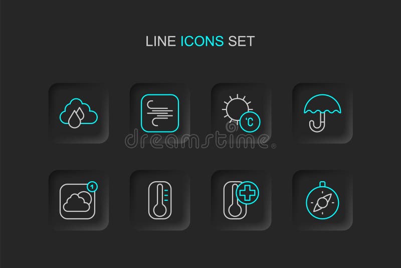 Set Line Compass, Thermometer, Weather Forecast App, Umbrella, Sun ...