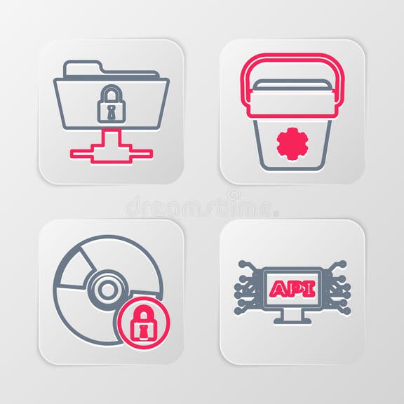 Set Line Computer Api Interface, CD or DVD Disk with Lock, Cooler Bag and FTP Folder and Icon ...