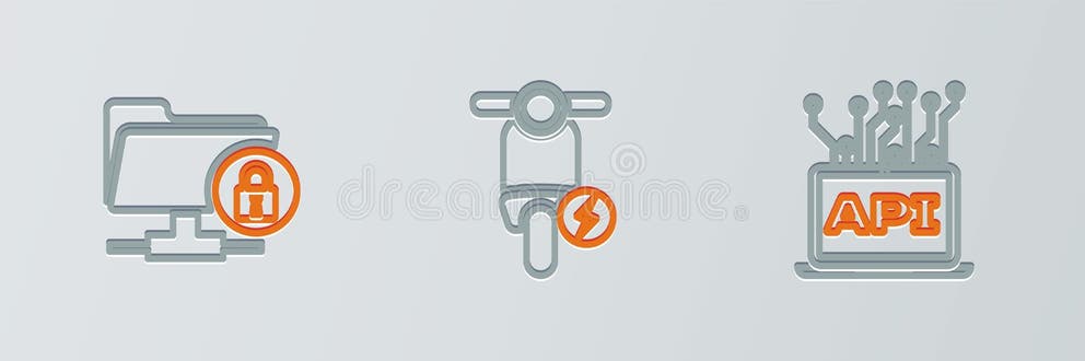 Set Line Computer Api Interface, FTP Folder and Lock and Electric Scooter Icon. Vector Stock ...