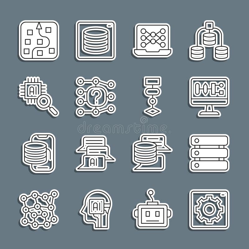 Set Line Computer Api Interface Servidor Algoritmo De Datos Neural Procesador De Red Cpu E Icono ...