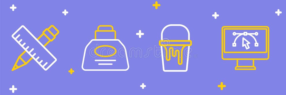 Set Line Computer with Design Program, Paint Bucket, Inkwell and Crossed Ruler and Pencil Icon ...