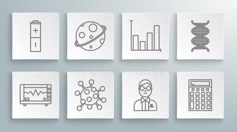Set Line Computer Monitor with Cardiogram, Planet, Bacteria, Scientist ... Set Line Computer Monitor with Cardiogram, Planet, Bacteria, Scientist ...