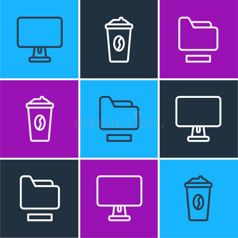 Set Line Computer Monitor, Document Folder and Coffee Cup Go Icon ... Set Line Computer Monitor, Document Folder and Coffee Cup Go Icon ...