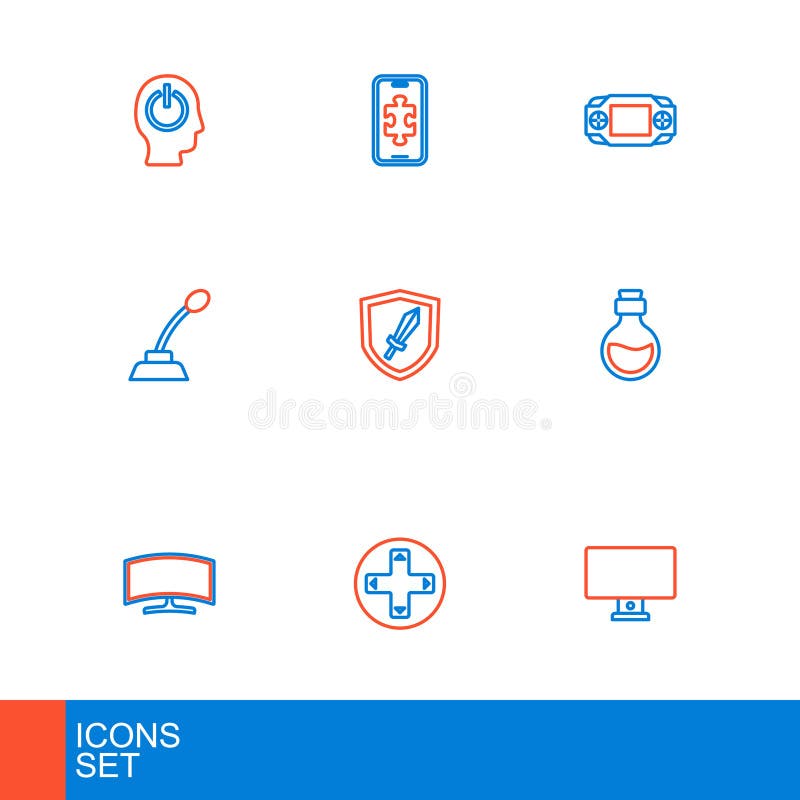 Set Line Computer Monitor Game Controller Joystick Bottle With Magic Elixir Microphone Sword