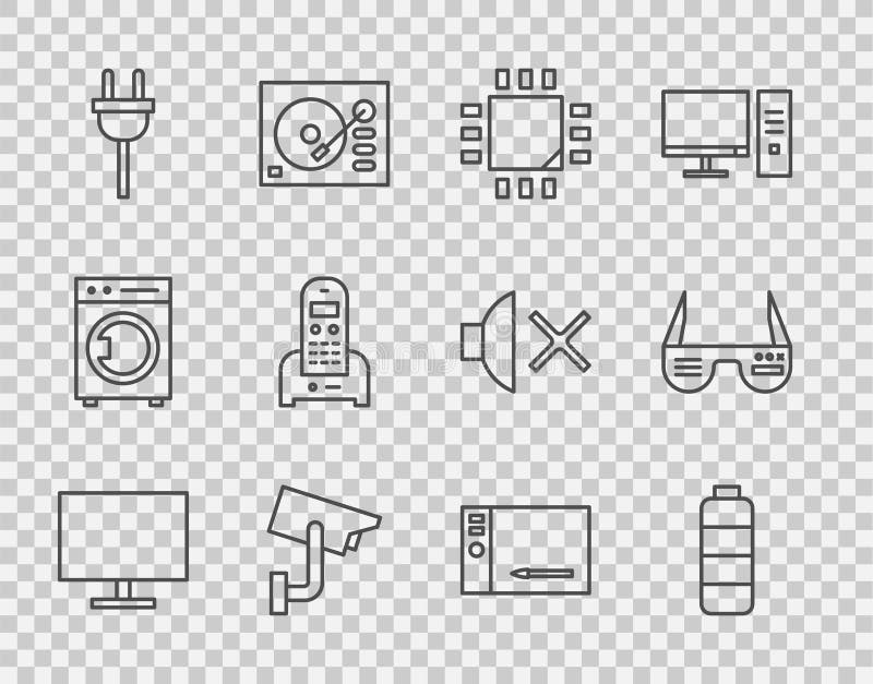 Set Line Computer Monitor Screen, Battery Charge Level Indicator, Processor with Microcircuits ...