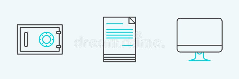 Set Line Computer Monitor Screen, Safe and Document Icon. Vector Stock ...