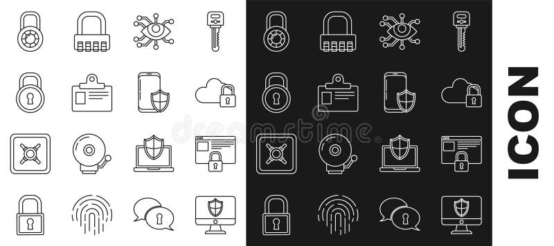 Set Line Computer Monitor and Shield, Secure Your Site with HTTPS, SSL, Cloud Computing Lock ...