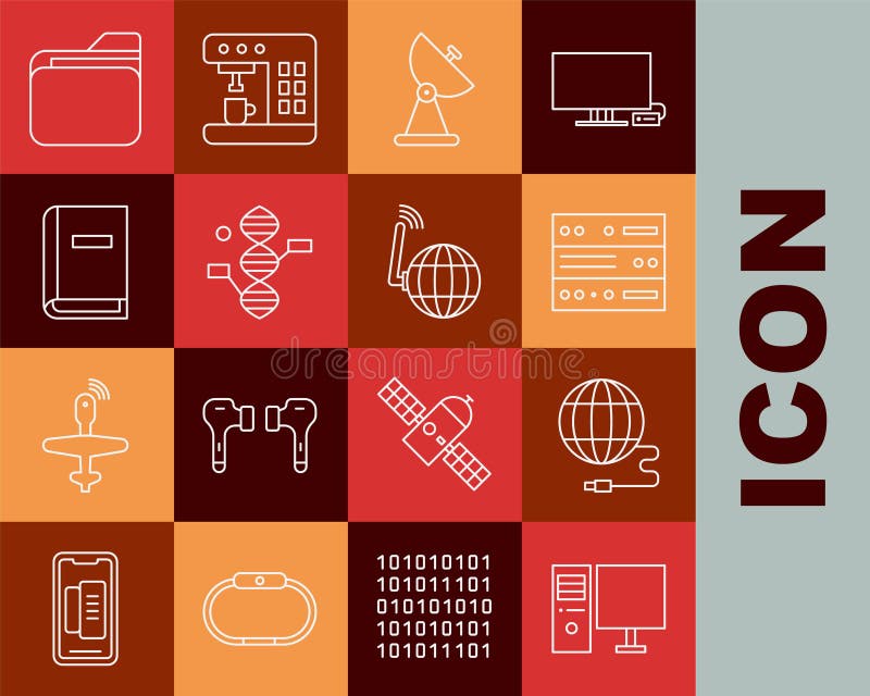 Set Line Computer Monitor, Social Network, Server, Data, Web Hosting, Radar, DNA Symbol, User ...