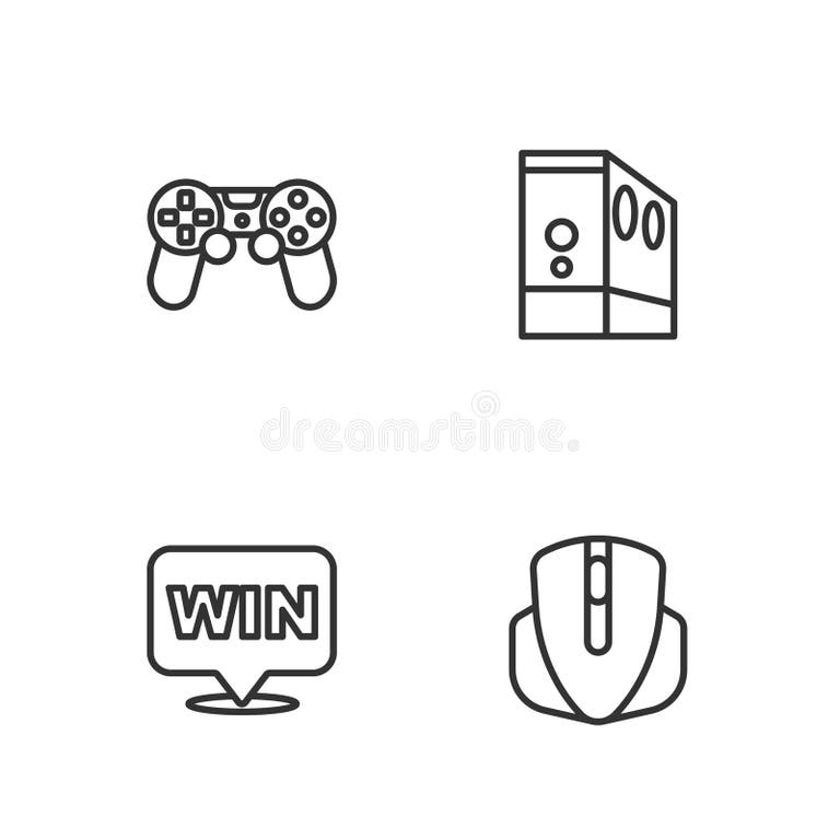 Set Line Computer Mouse, Medal, Game Controller or Joystick and Case of Computer Icon. Vector ...