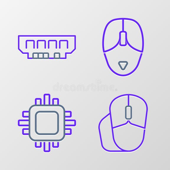 Set Line Computer Mouse, Processor with CPU, and RAM, Random Access Memory Icon. Vector Stock ...