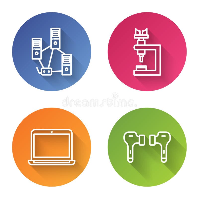 Set Line Computer Network, Microscope, Laptop and Air Headphones. Color ... Set Line Computer Network, Microscope, Laptop and Air Headphones. Color ...