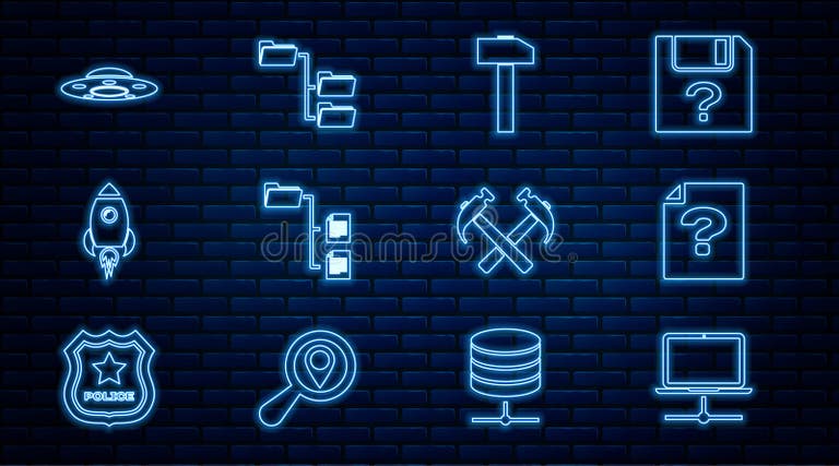 Set Line Computer Network, Unknown Document, Hammer, Folder Tree, Rocket Ship with Fire, UFO ...