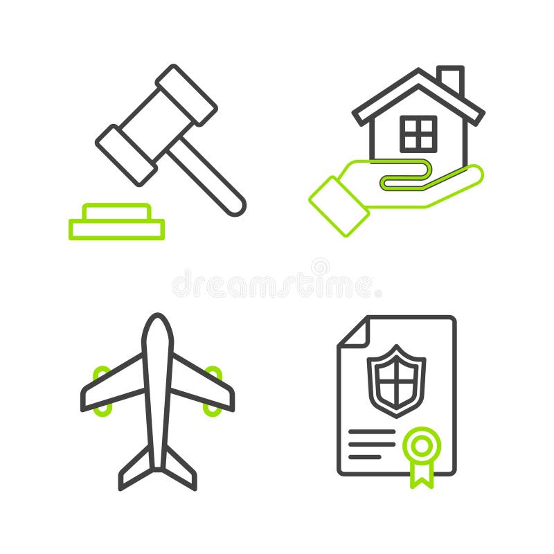 Set Line Contract with Shield, Plane, House in Hand and Judge Gavel ...