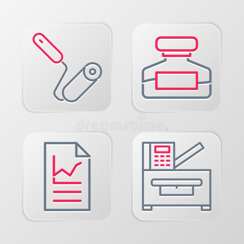 Set Line Copy Machine, Document with Graph Chart, Ink Bottle and Paint ...