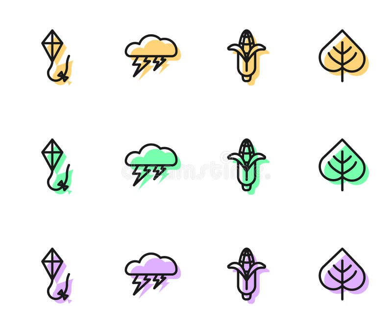Set Line Corn, Kite, Cloud and Lightning and Leaf Icon. Vector Stock ...
