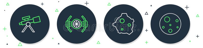 Set Line Cosmic Ship, Asteroid, Telescope and Planet Mars Icon. Vector ...