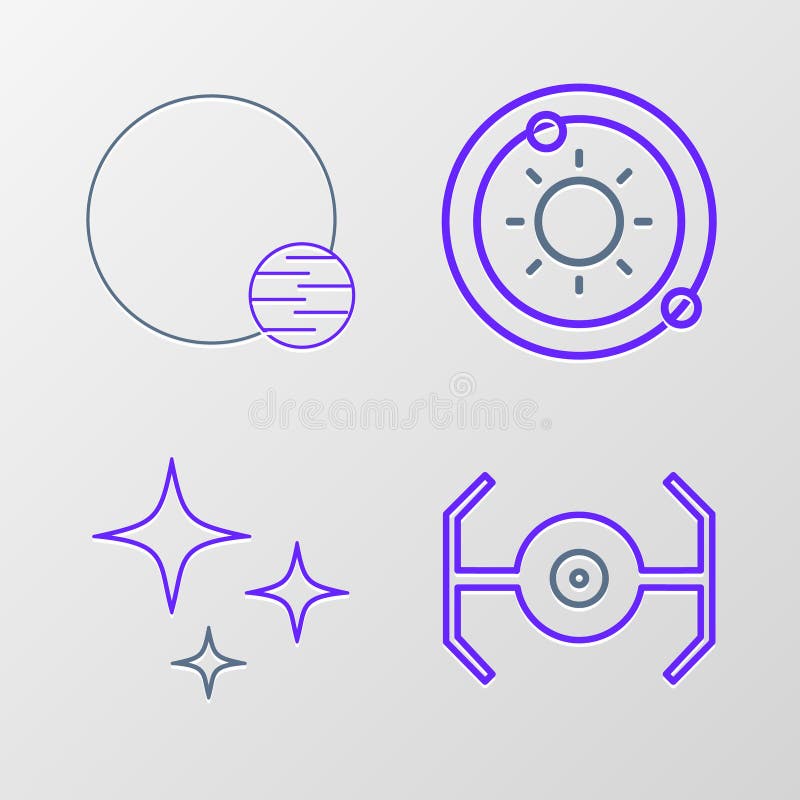 Set Line Cosmic Ship, Falling Star, Solar System and Planet Icon ...
