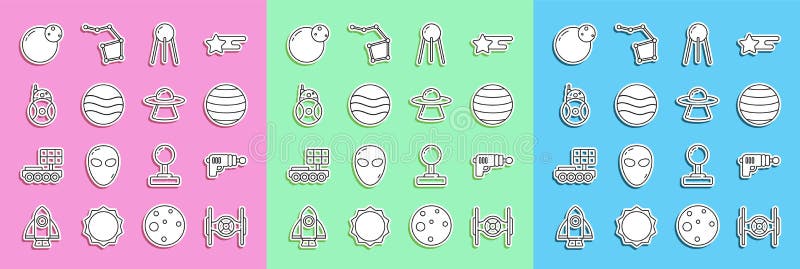 Set Line Cosmic Ship, Ray Gun, Planet Venus, Satellite, Robot, and UFO ... Set Line Cosmic Ship, Ray Gun, Planet Venus, Satellite, Robot, and UFO ...
