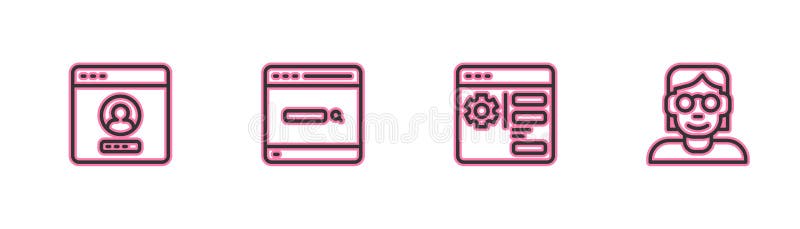 Set Line Create Account Screen Browser Setting Search Engine And Hacker Or Coder Icon Vector