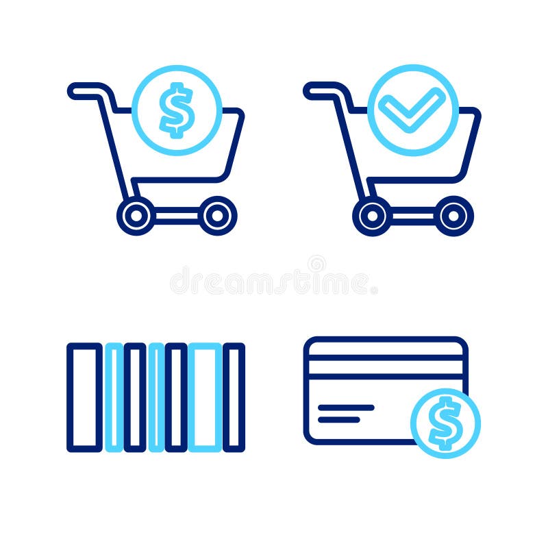 Set Line Credit Card and Dollar, Barcode, Shopping Cart with Check Mark ...