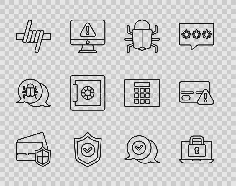Set Line Credit Card with Shield, Laptop and Lock, System Bug, Shield ... Set Line Credit Card with Shield, Laptop and Lock, System Bug, Shield ...