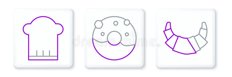 Set Line Croissant, Chef Hat and Donut with Sweet Glaze Icon. Vector ...