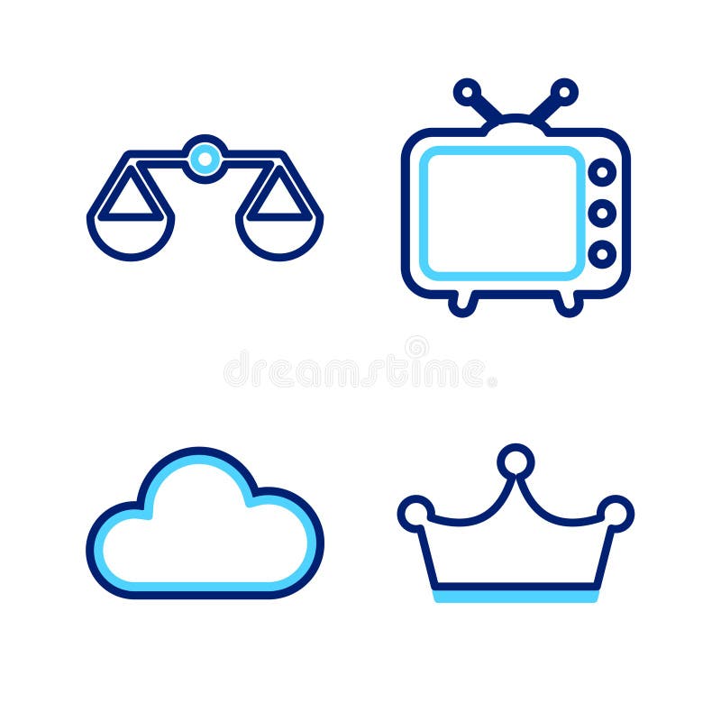 Set Line Crown, Cloud, Television Tv and Scales of Justice Icon. Vector ...