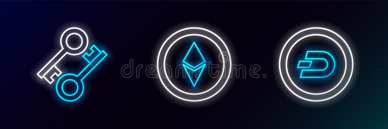 Set Line Cryptocurrency Coin Dash, Key and Ethereum ETH Icon. Glowing ...