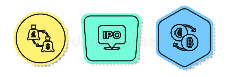 Set Line Currency Exchange, IPO and Cryptocurrency. Colored Shapes ...