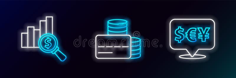 Set Line Currency Exchange, Pie Chart and Dollar and Credit Card Icon. Glowing Neon. Vector ...