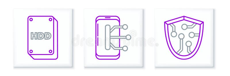 Set Line Cyber Security, Hard Disk Drive HDD and Smartphone, Mobile ...