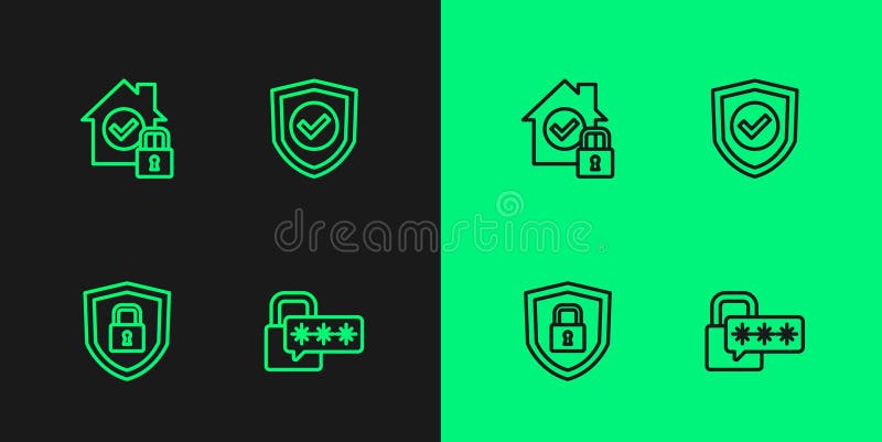 Set Line Cyber Security, Shield with Lock, House Under Protection and ... Set Line Cyber Security, Shield with Lock, House Under Protection and ...