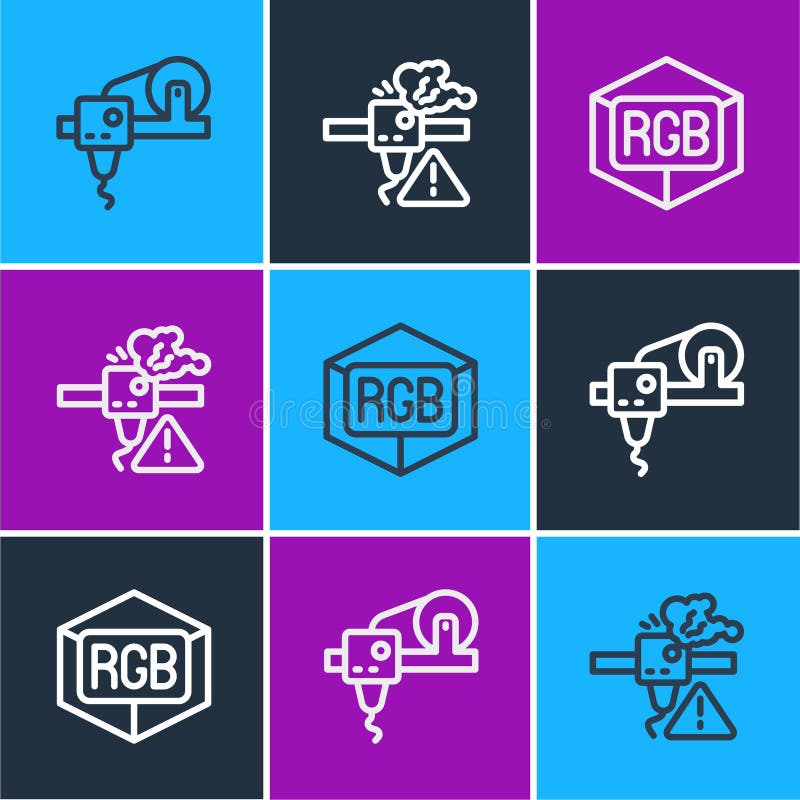 Set Line 3D Printer, RGB and CMYK Color Mixing and Warning Icon. Vector ...