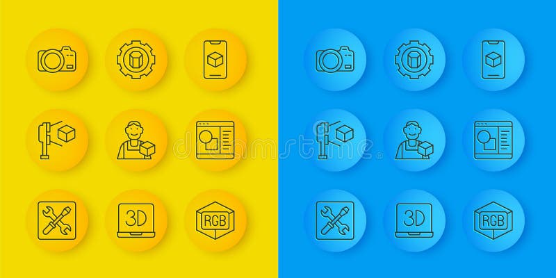 Set Line 3D Printer Setting, Scanner with Cube, Graphic Designer, RGB ...