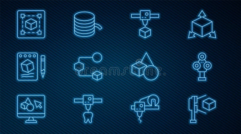 Set Line 3D Scanner with Cube, Printer, Isometric, Sketch on Paper ...