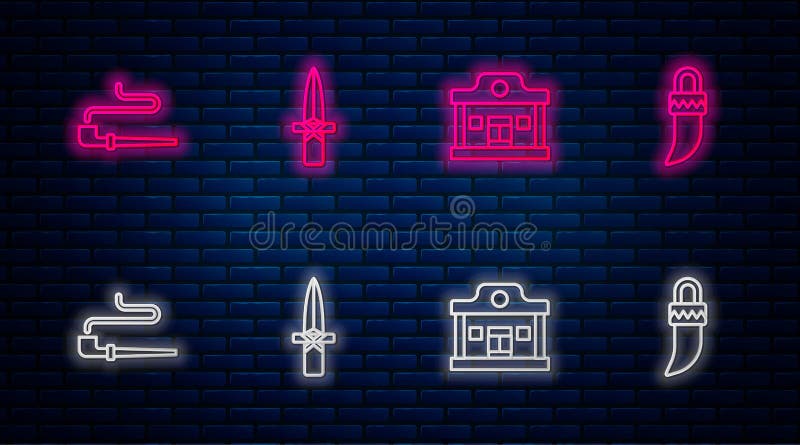 Set Line Dagger, Wild West Saloon, Smoking Pipe and Tooth. Glowing Neon ...