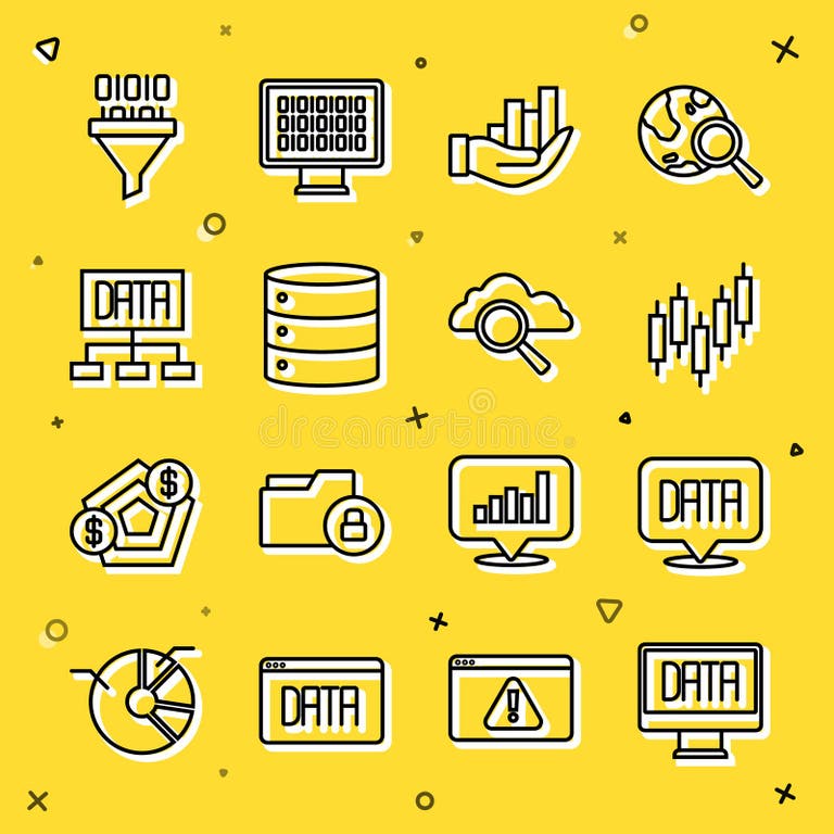 Set Line Data Analysis, Browser with Stocks Market, Pie Chart Infographic, Server, Binary Code ...