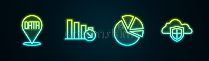 Set Line Data Analysis, Financial Growth Decrease, Pie Chart Infographic and Cloud and Shield ...