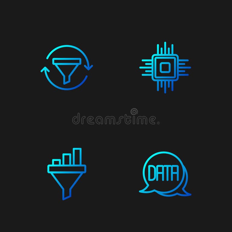 Set Line Data Analysis, Sales Funnel with Chart, and Processor CPU. Gradient Color Icons. Vector ...