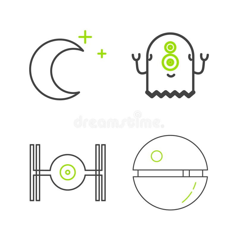 Set Line Death Star, Cosmic Ship, Alien and Moon and Stars Icon. Vector ...