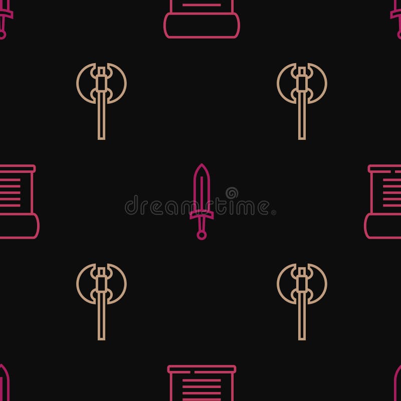 Set Line Decree, Parchment, Scroll, Medieval Axe and Sword on Seamless ...