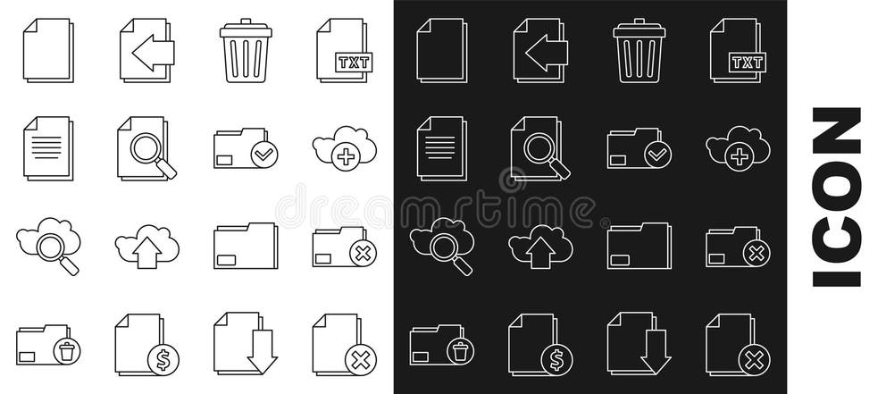 Set Line Delete File Document, Folder, Add Cloud, Trash Can, Document with Search, and and Check ...