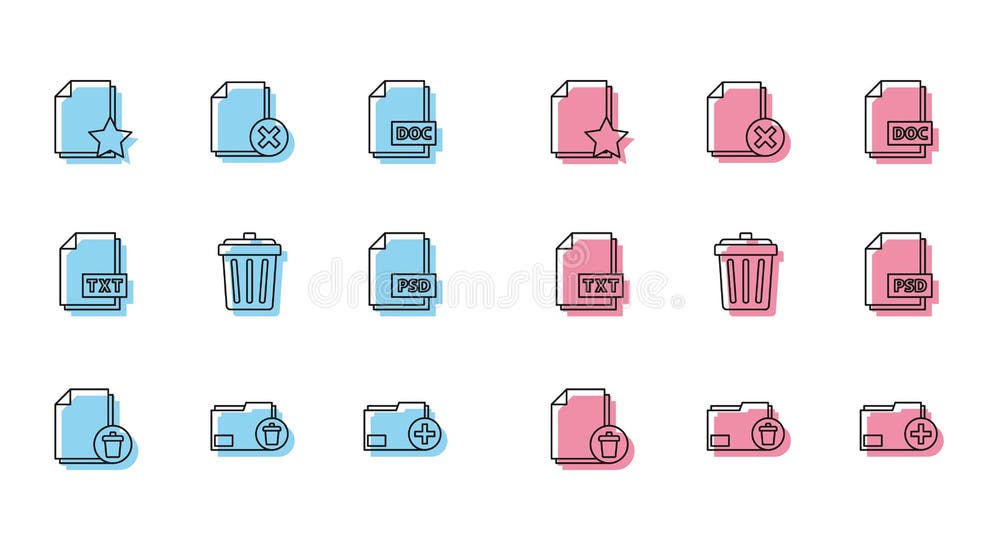 Set Line Delete File Document, Folder, Document with Star, Add New, Trash Can, PSD, TXT and Icon ...