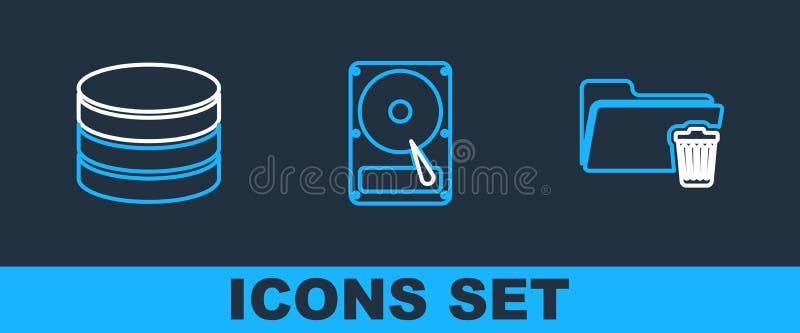 Set Line Delete Folder, Database and Hard Disk Drive HDD Icon. Vector ...