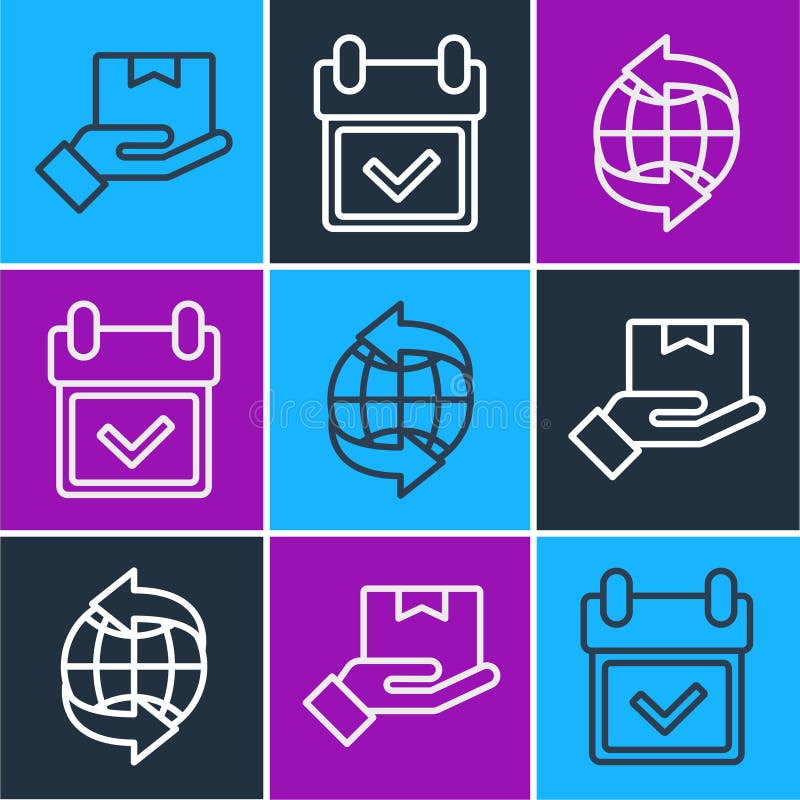 Set Line Delivery Hand with Boxes, Worldwide and Calendar with Check ...