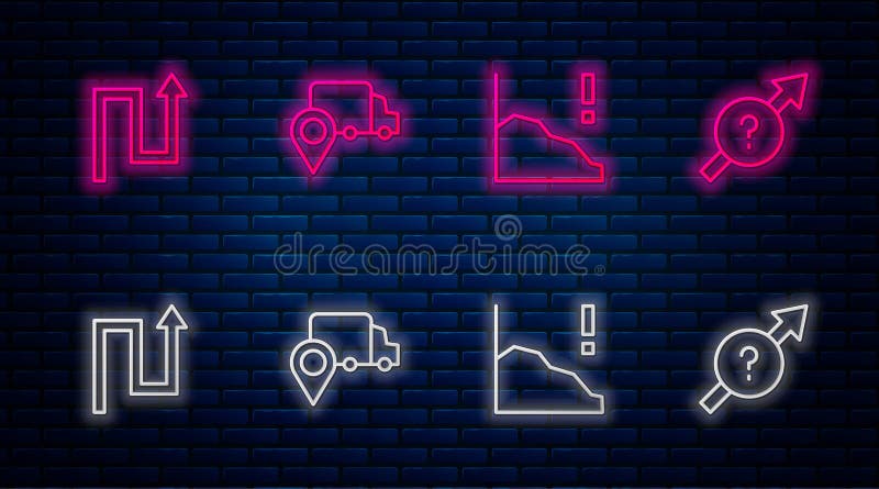 Set Line Delivery Tracking, Financial Growth Decrease, Arrow and . Glowing Neon Icon on Brick ...